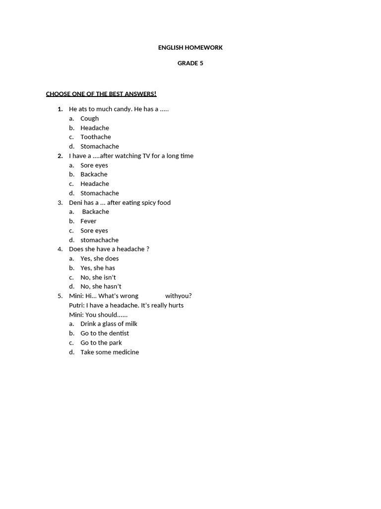 English Homework Grade 5 Unit 4 | PDF
