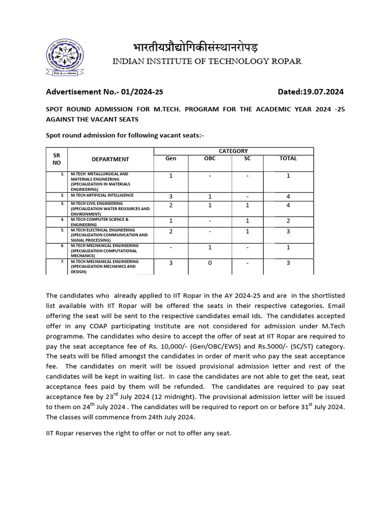 Spot Round Advt M.tech - 2024-25 | PDF | Engineering