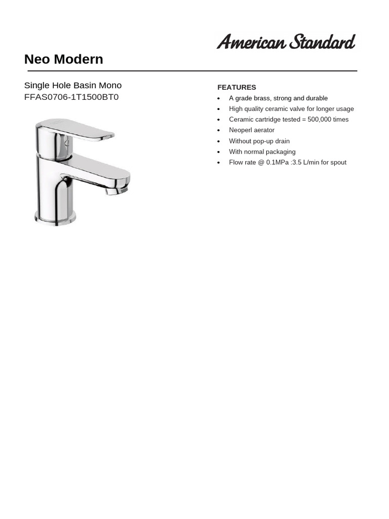 Neo Modern Basin Mono Faucet Specs | PDF