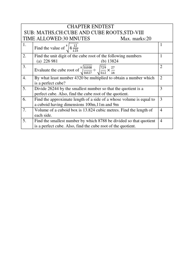 CLASS-8 MATHS WORKSHEET-2 Cube and Cube Roots | PDF