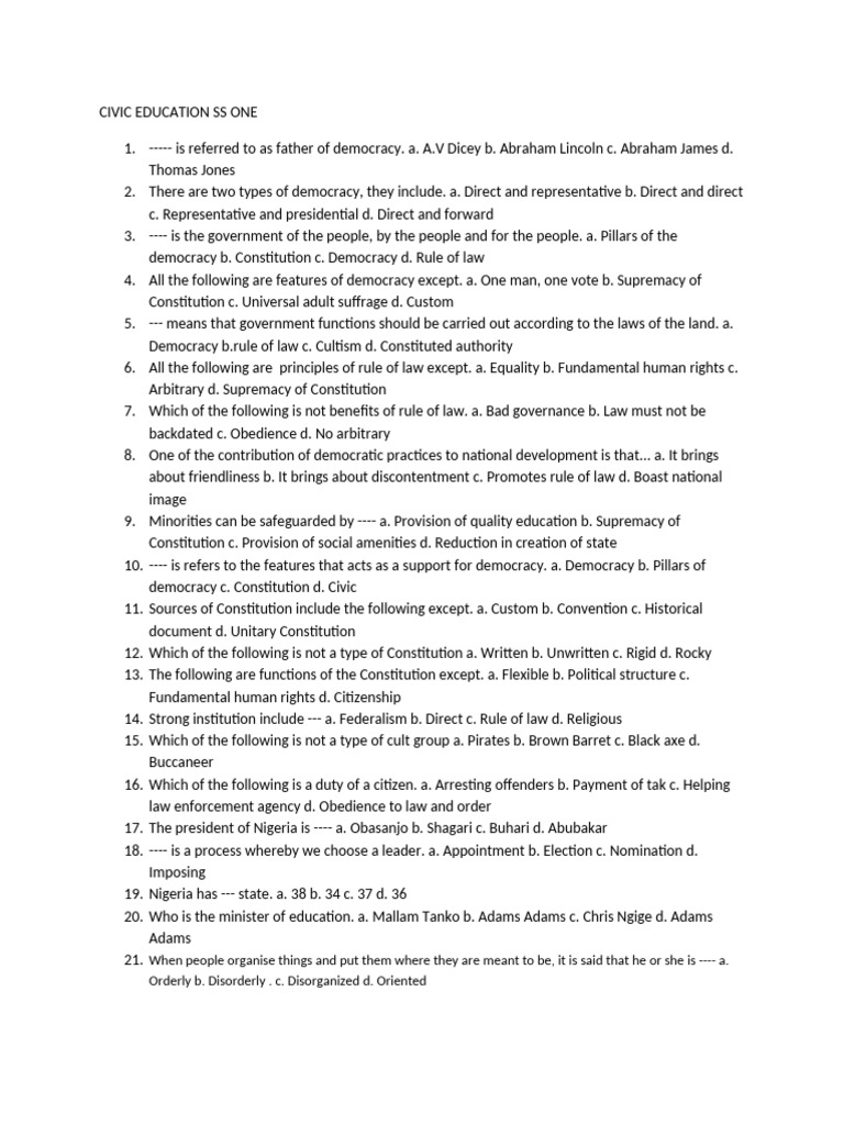 Civic Education Quiz for SS1 & SS2 | PDF | Constitution | Democracy