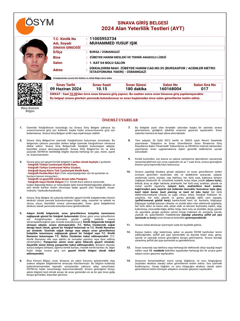 Sinava Gi̇ri̇ş Belgesi̇ Ayt | PDF