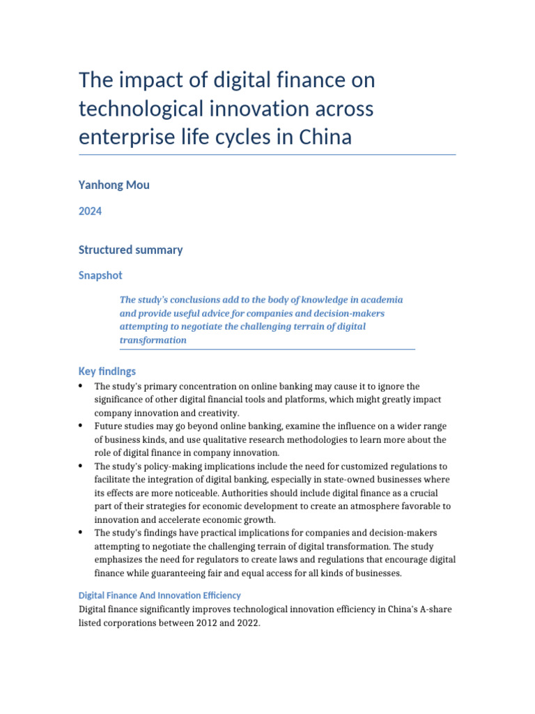 The Impact of Digital Finance On Technological Innovation Across Enterprise Life Cycles in China ...