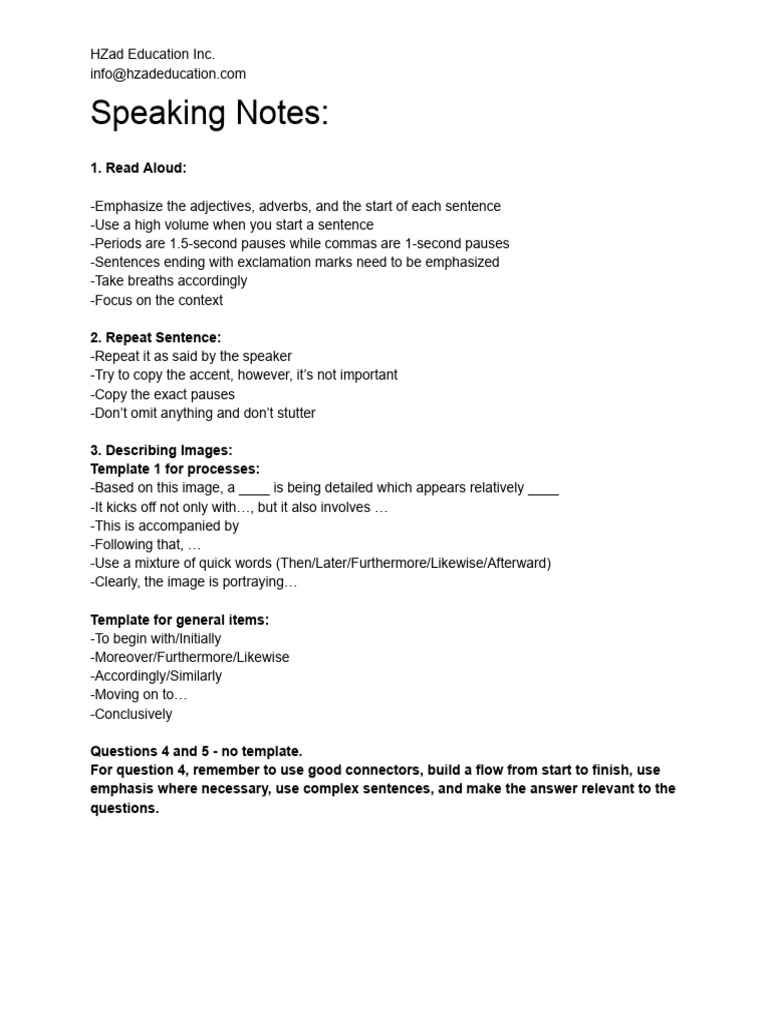 PTE Core Speaking Notes | PDF | Language Arts & Discipline