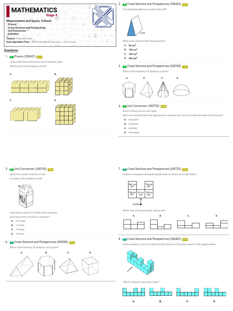 Year 8 Volume math | PDF | Volume | Litre