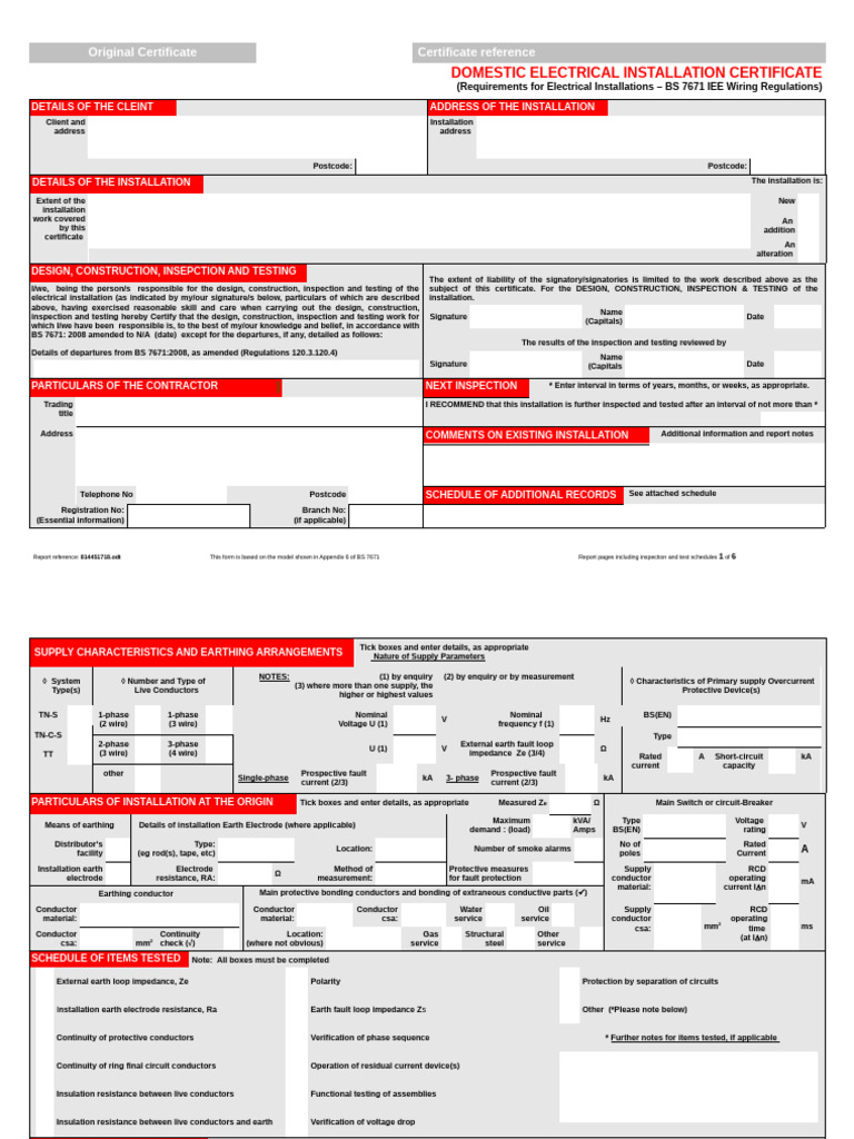 Domestic Electrical Installation Certificate | PDF | Electrical Wiring ...