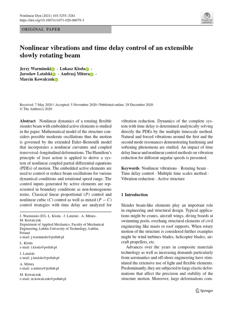 2021 Nonlinear Vibrations and Time Delay Control of An Extensible Slowly Rotating Beam ...