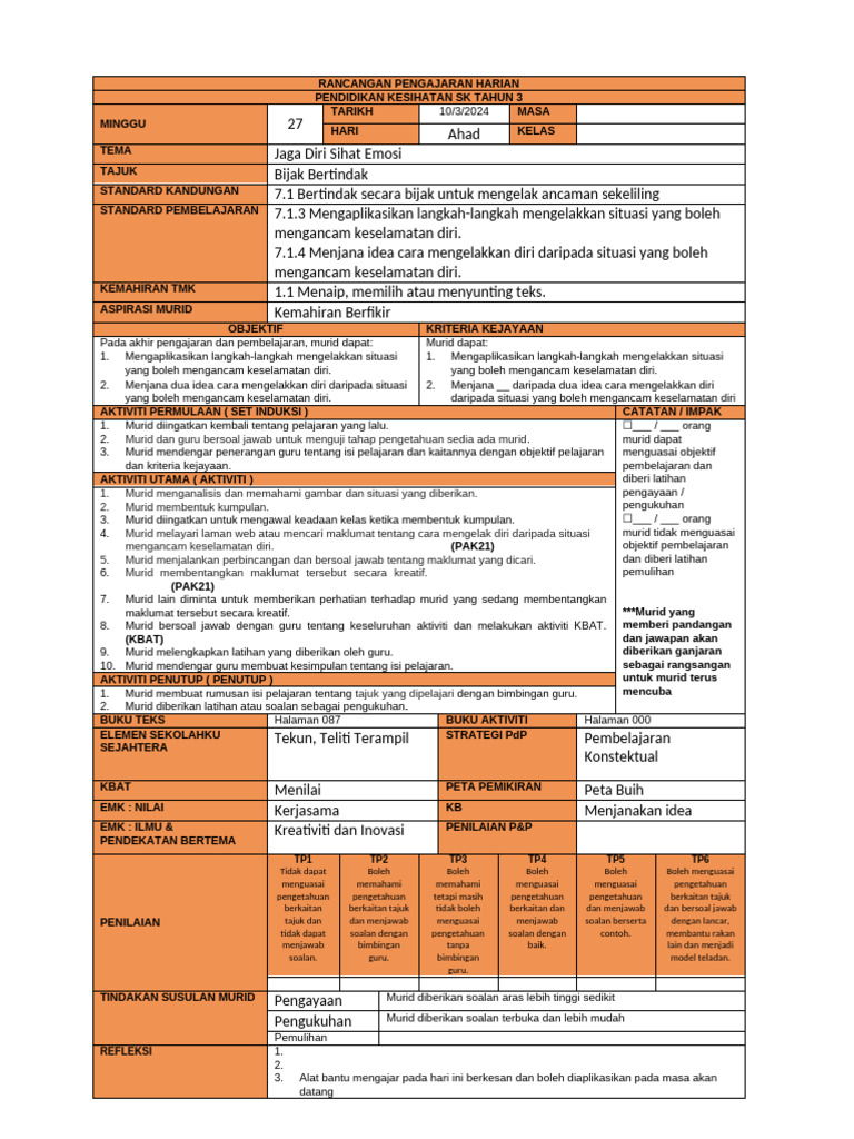 M27 RPH Pendidikan Kesihatan THN 3 2024-2025 by Cikgu Gorgeous | PDF