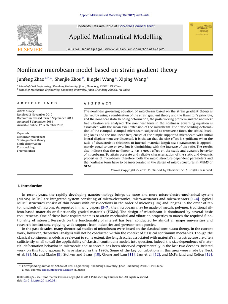 2012 Nonlinear Microbeam Model Based On Strain Gradient Theory - Zhao Et Al | PDF | Bending ...