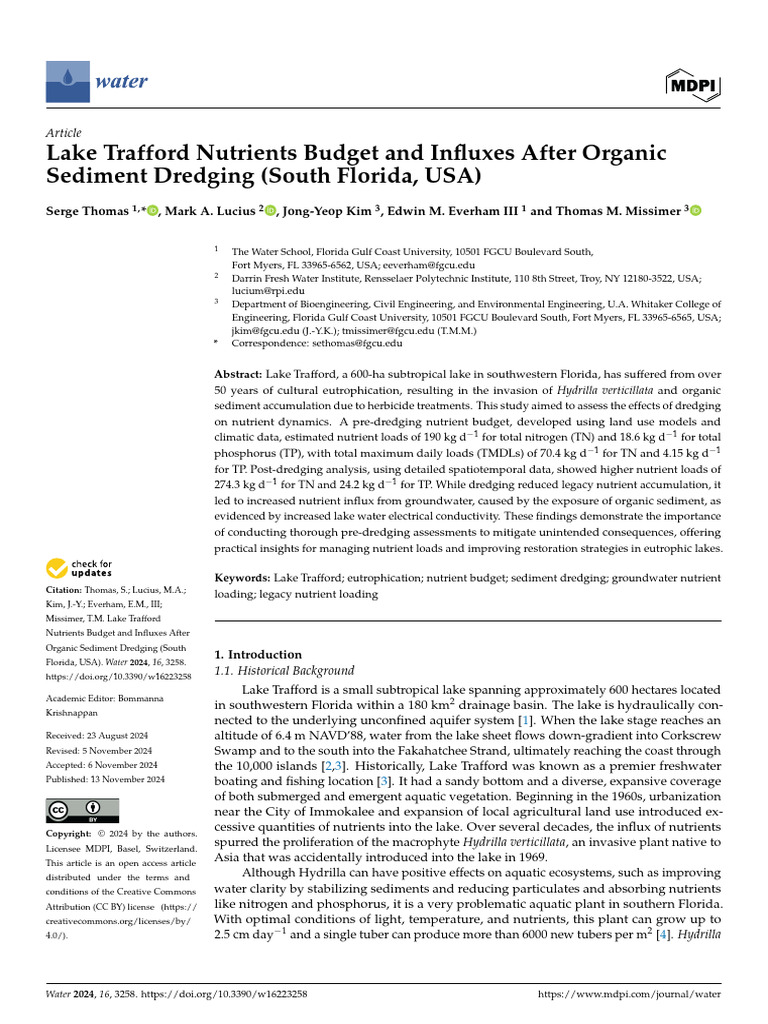 Lake Trafford Nutrients Budget and Influxes After Organic Sediment ...