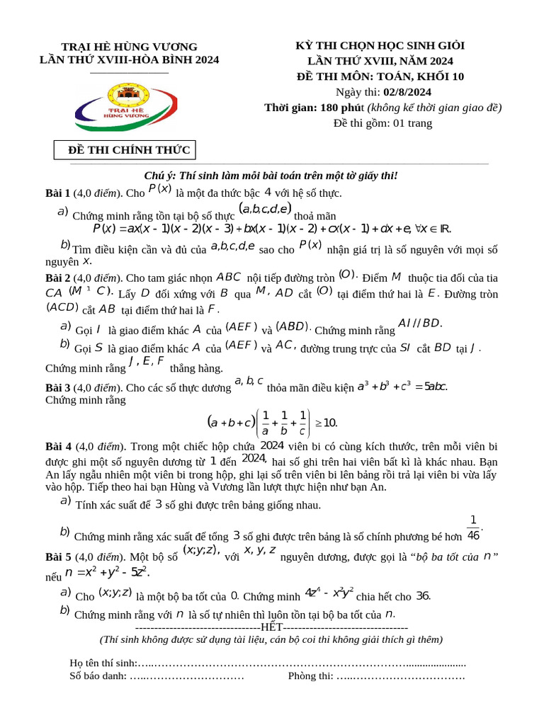 Toan 10 - THHV 2024 | PDF