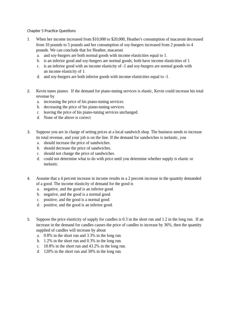 ECO 101 Chapter 5 Practice Questions | PDF | Elasticity (Economics) | Demand