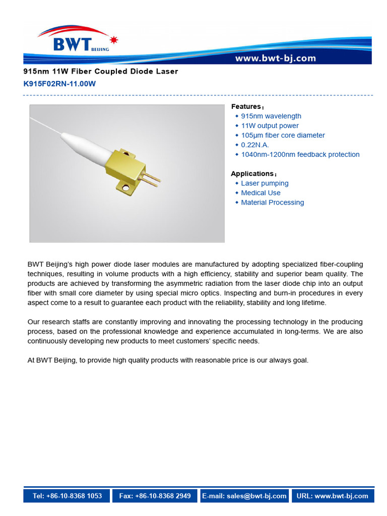 915nm 11W Fiber Coupled Diode Laser | PDF | Optical Fiber | Laser