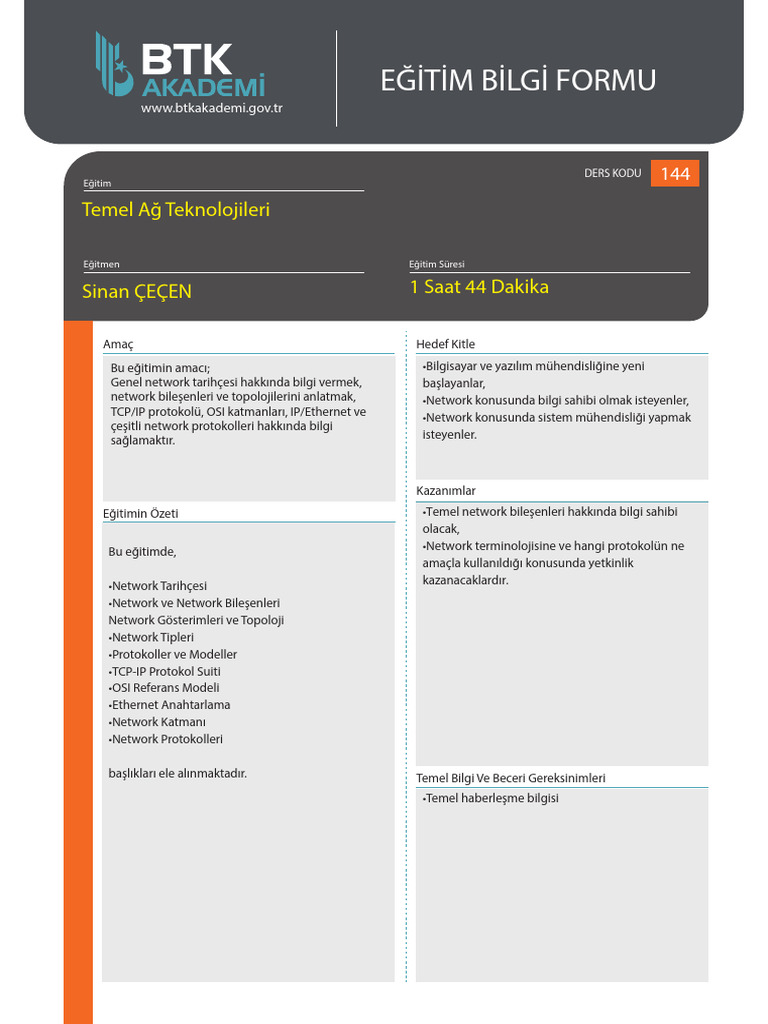 Temel Ag Teknolojileri Egitim Bilgi Formu | PDF