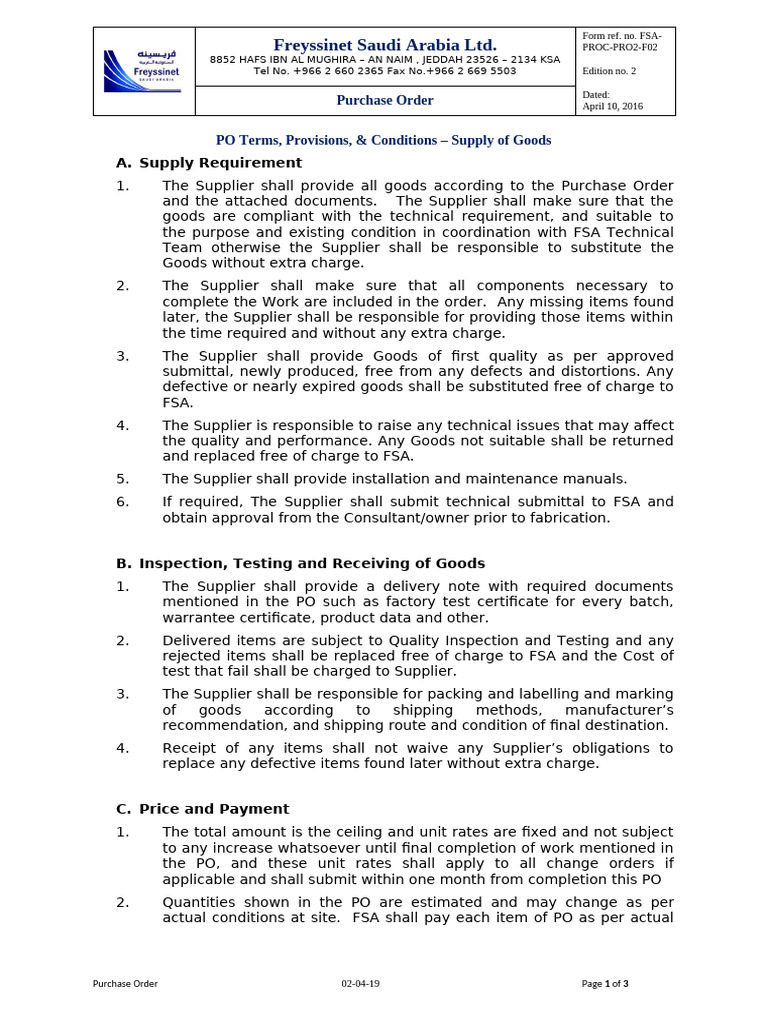Purchase Order Terms Provisions Conditions - Supply 532368 | PDF ...