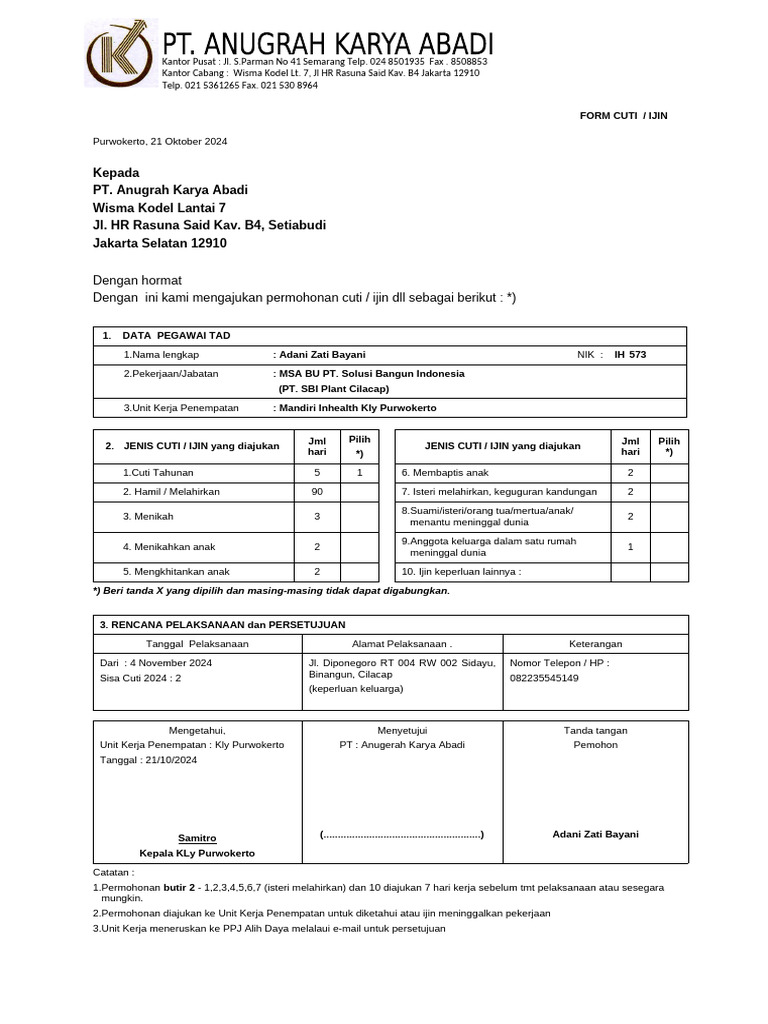 Formulir Cuti/Izin PT Anugrah 2024 | PDF