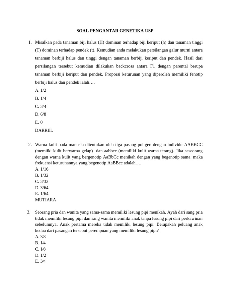 Soal Pengantar Genetika Usp 2024 | PDF | Sains & Matematika