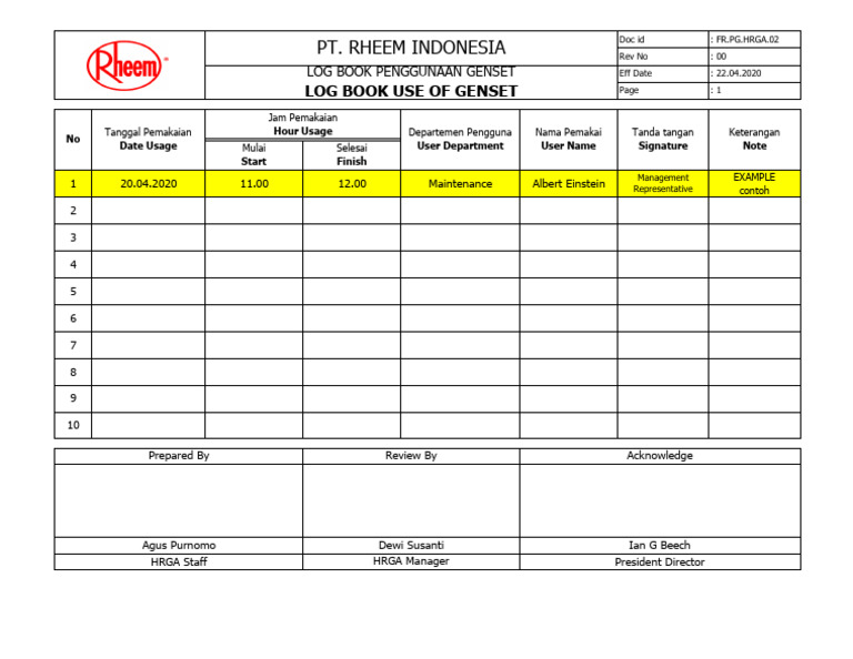 FR - PG.HRGA.02 - Log Book Use of Genset | PDF