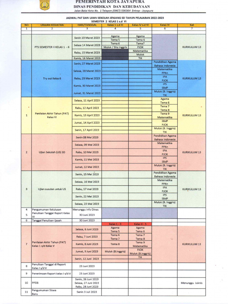 Jadwal PAT Dan US Tahun Ajaran 2022-2023 | PDF