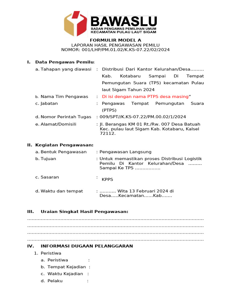 Form A (LHP) - Distribusi Logistik Pemilu PTPS, 13 Feb 24 | PDF Form A (LHP) - Distribusi Logistik Pemilu PTPS, 13 Feb 24 | PDF
