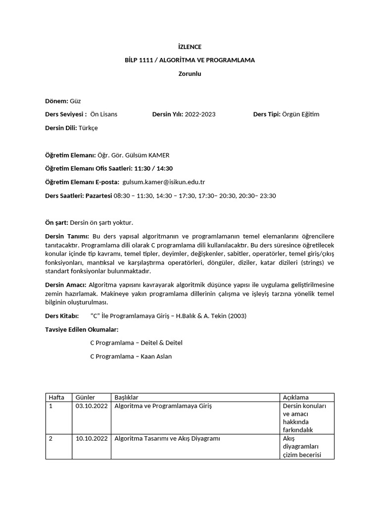 BILP1111 Algoritma Ve Programlama 2022-2023 İzlence | PDF
