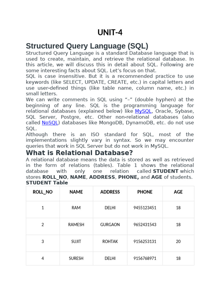 UNIT-4 | PDF | Relational Database | Databases