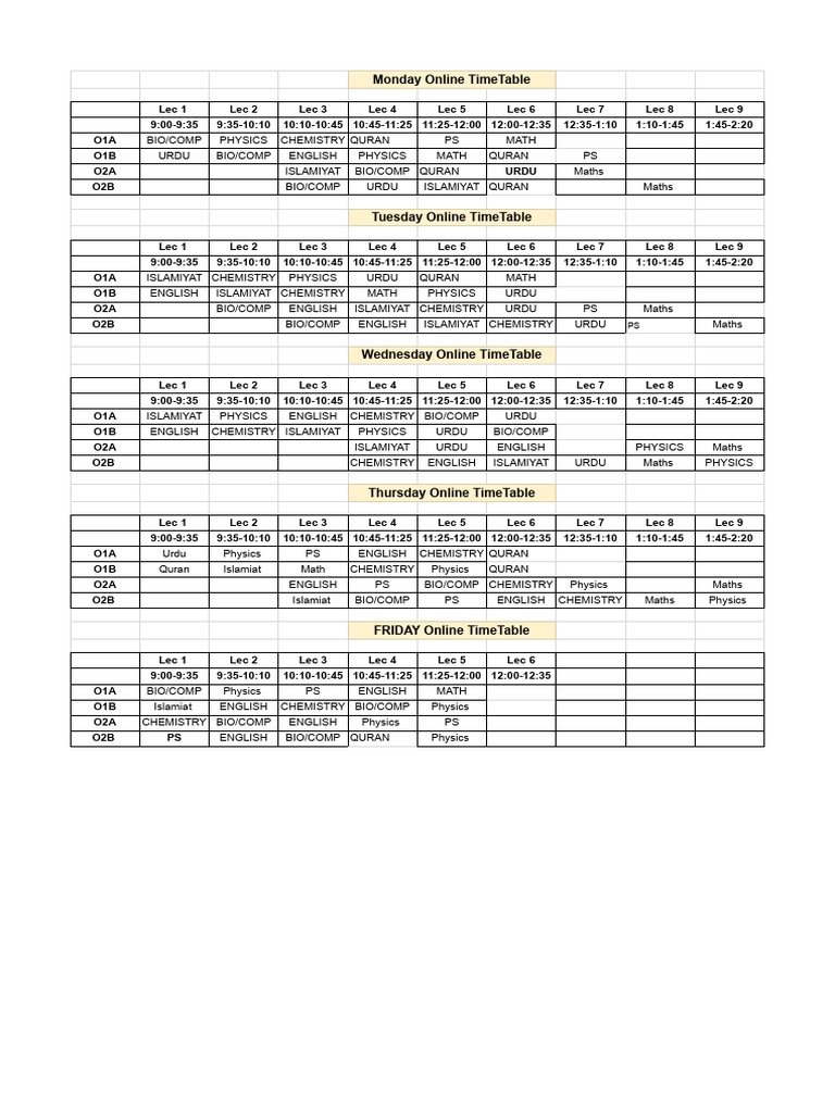 Weekly Online Class Timetable | PDF | Science & Mathematics