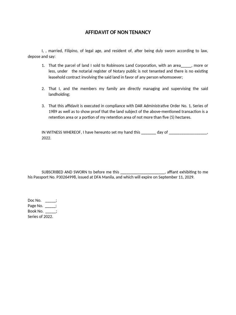 Affidavit of Non Tenancy for Land Sale | PDF | Affidavit | Leasehold Estate