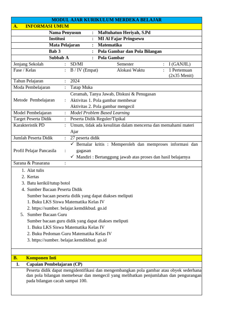 MODUL AJAR MTK Pola Gambar | PDF
