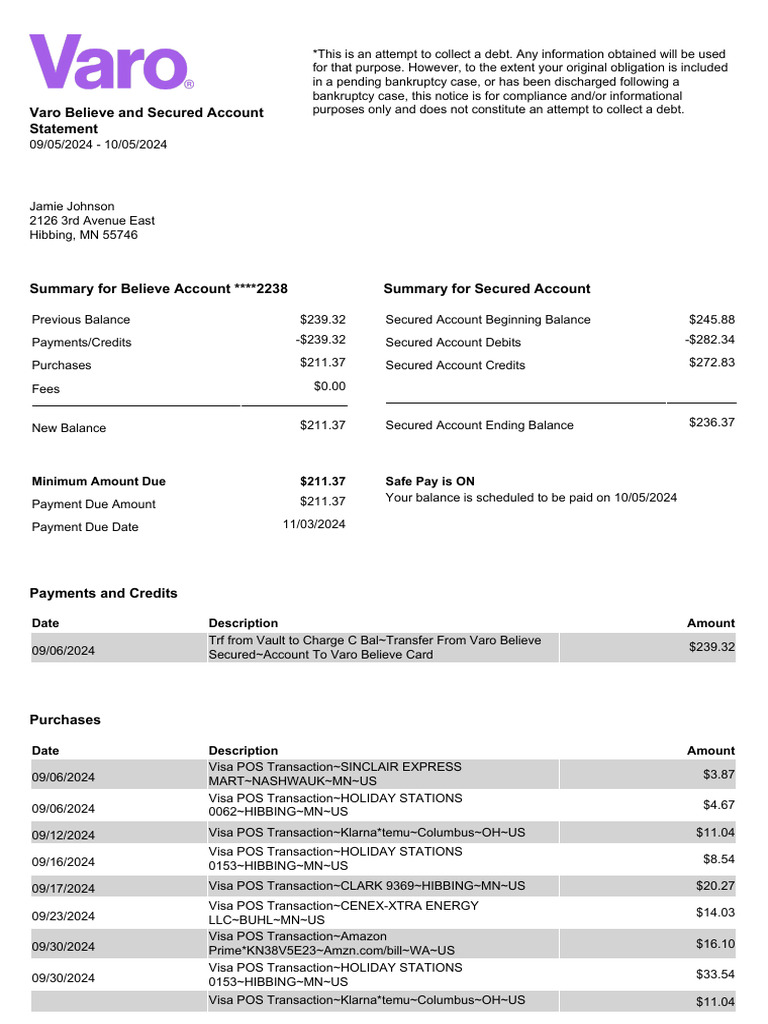 Varo Believe and Secured Account Statement: Minimum Amount Due $211.37 ...