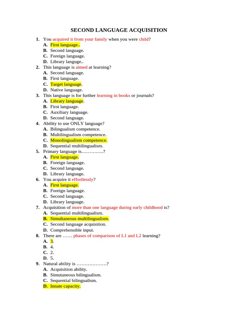 SECOND LANGUAGE ACQUISITION (Answer) | PDF | Second Language ...