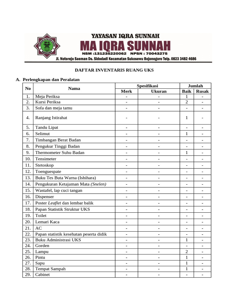 3.4 Daftar Inventaris Ruang UKS | PDF