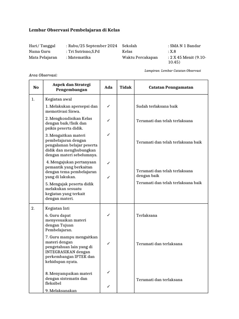 2 - Lembar Observasi Pembelajaran Di Kelas | PDF | Karier & Perkembangan | Seni