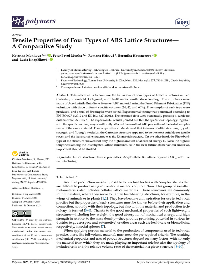 Tensile Properties of Four Types of ABS Lattice Structures - A Comparative Study | PDF ...