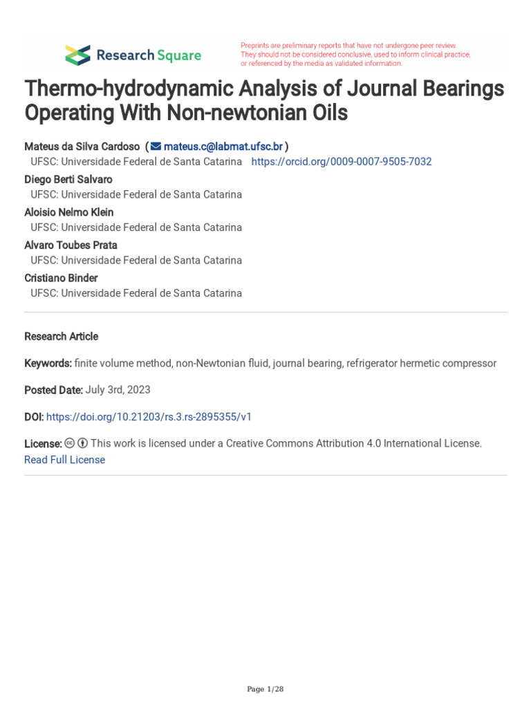 Thermo-Hydrodynamic Analysis of Journal Bearings O | PDF | Viscosity ...