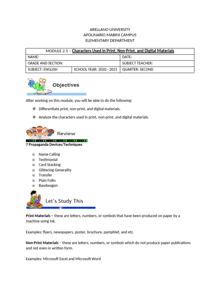 Characters in Print and Digital Materials | PDF | Behavior | Trees