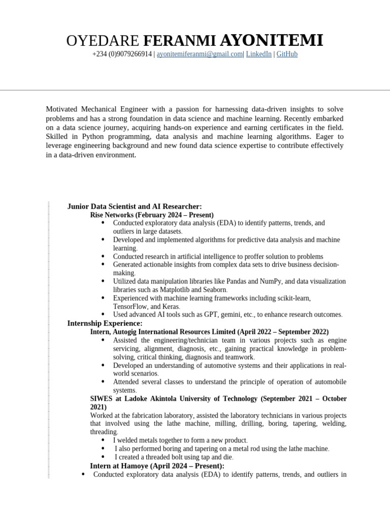 Feranmi's CV | PDF | Data Science | Machine Learning
