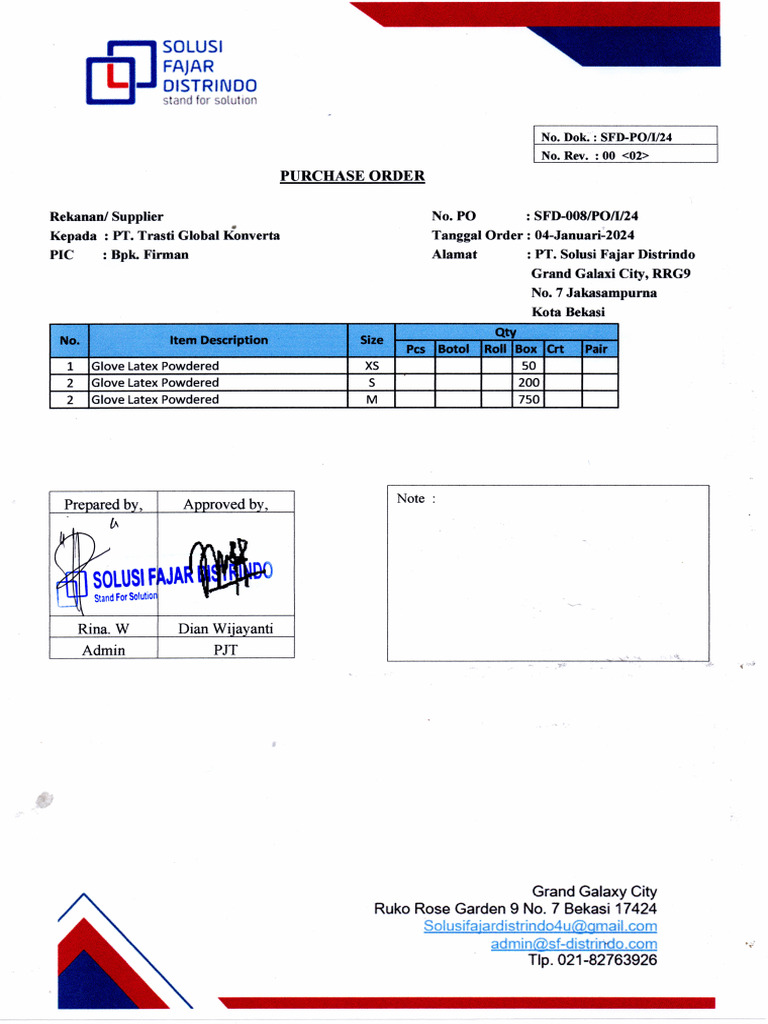 008 Purchase Order SFD - Pt. Trasti Global Konverta | PDF