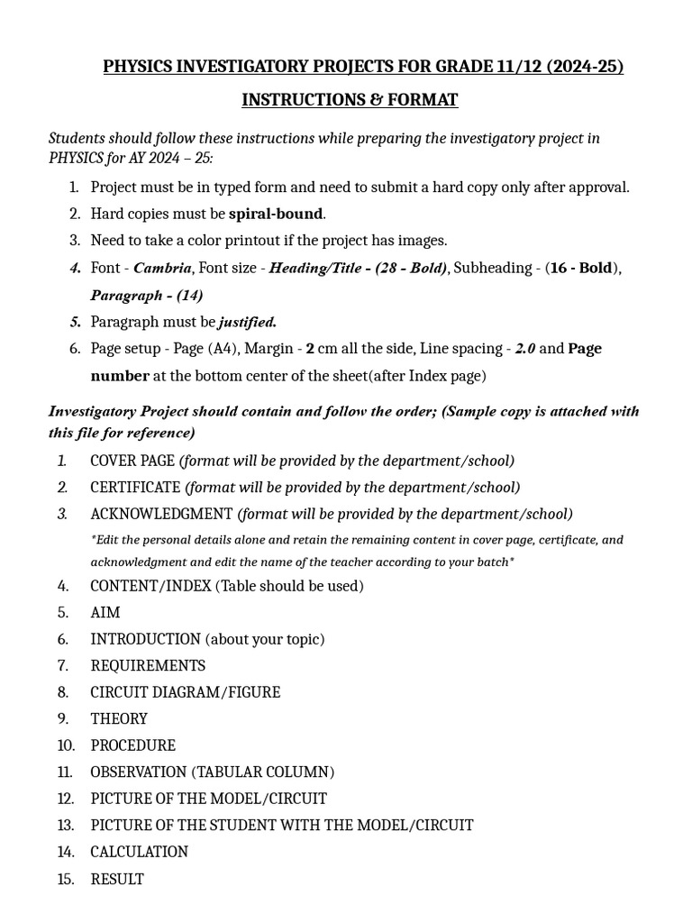 Physics Investigatory Projects For Grade 11/12 (2024-25) Instructions ...