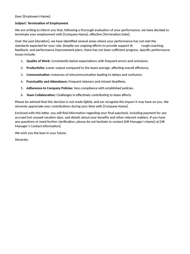 Termination Letter of Employee Based On Poor Performance | PDF | Career ...