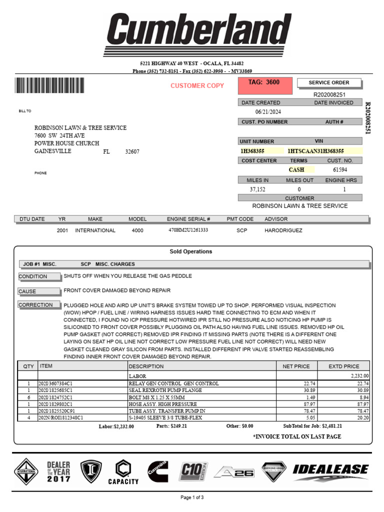 8251 Robinson Lawn & Tree Service Invoice | PDF | Damages