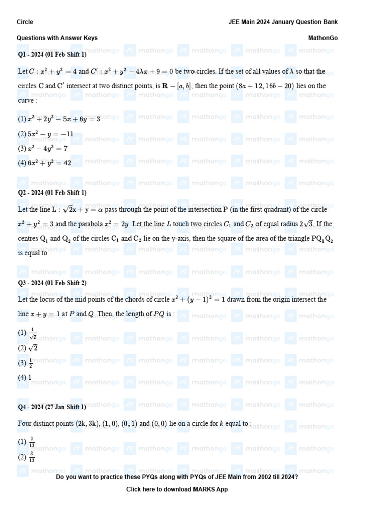 JEE Mains 2024 Circle Questions | PDF | Circle | Elementary Mathematics