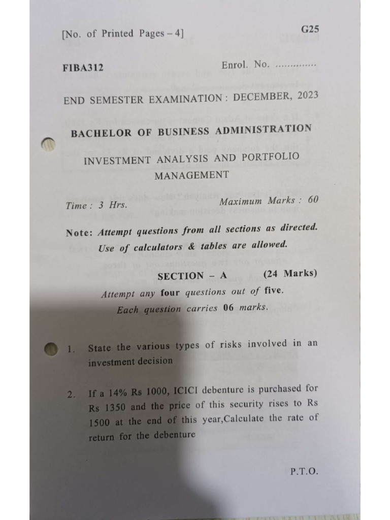 BBA Amity College IAPM Question Paper - Compressed | PDF | Investing | Money