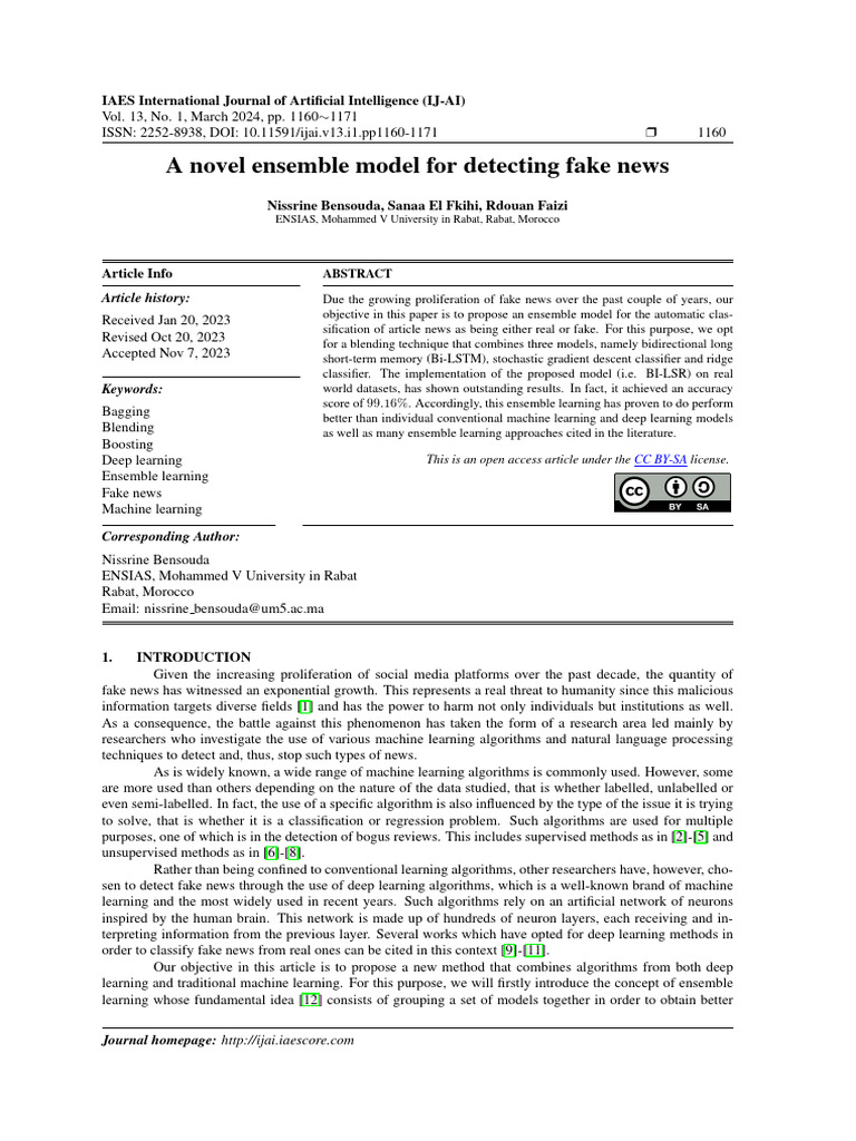 A Novel Ensemble Model For Detecting Fake News Pdf Machine Learning Statistical Classification