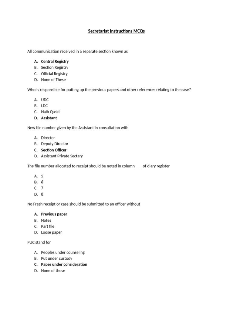 Secretariat Instructions MCQs | PDF | Computing