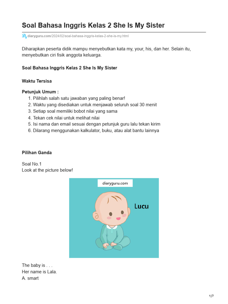 Soal Bahasa Inggris Kelas 2 She Is My Sister | PDF