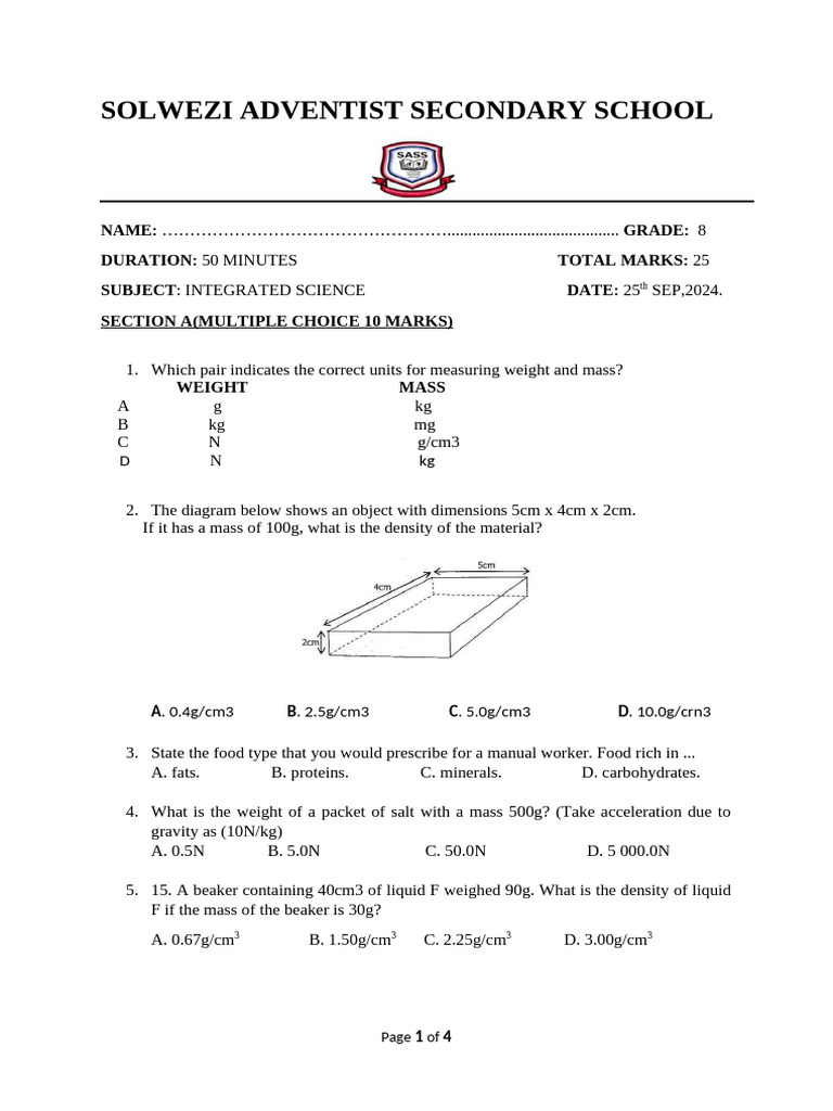 Test One | PDF | Weight | Mass