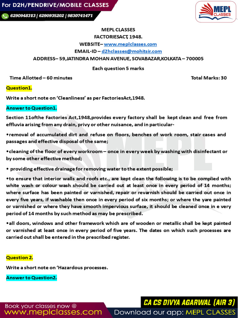 Cma Inter - Factories Act - Suggested Answer Paper | PDF | Occupational ...