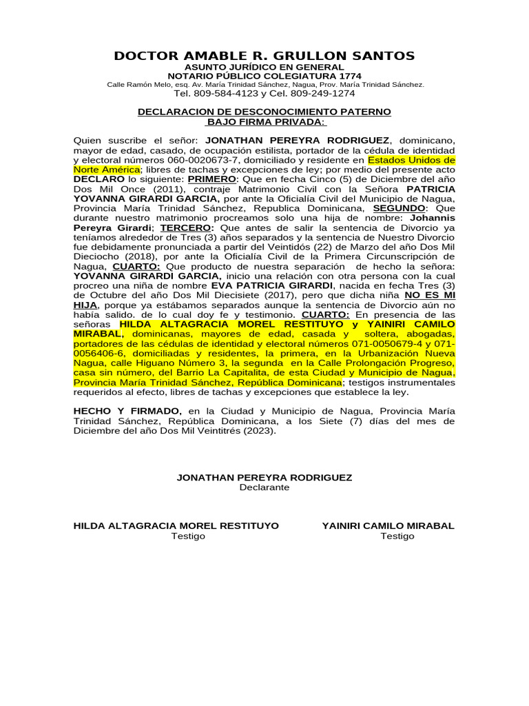 Declaracion de Desconocimiento Paterno de Jonathan Pereyra Rodriguez ...