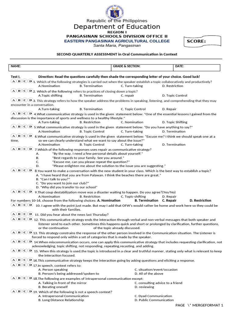 2nd Quarter Exam in OCIC | PDF | Communication | Speech